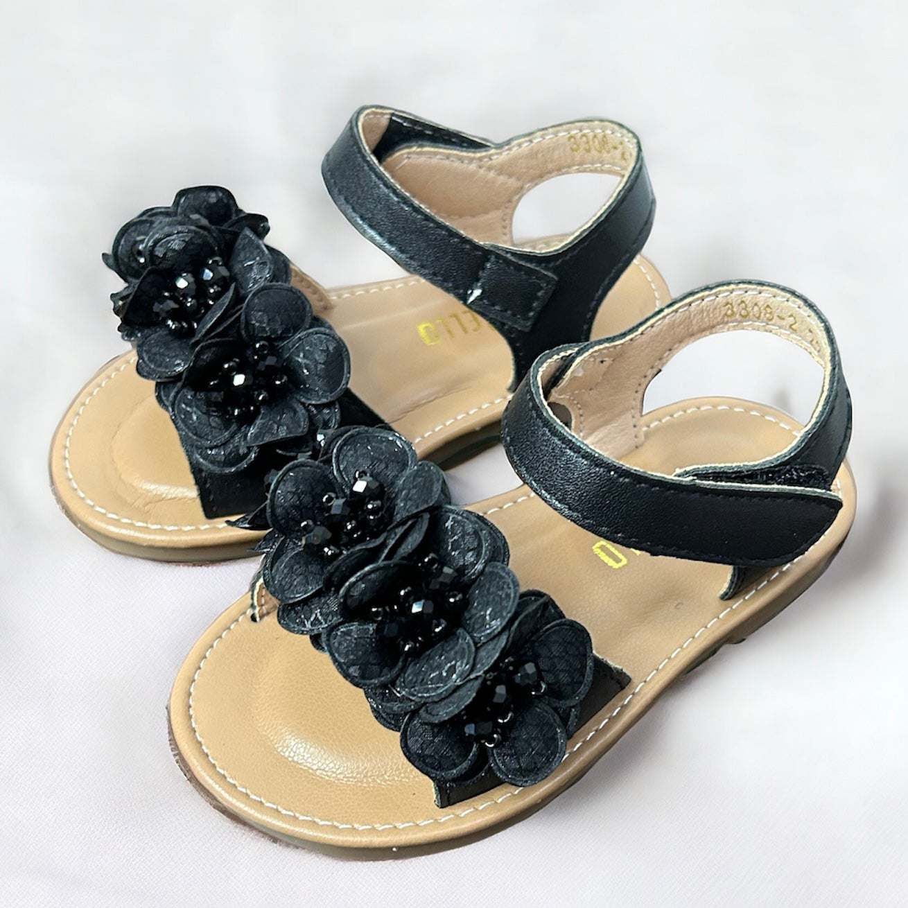 BLACK FLOWER APPLIQUE SANDALS – NINOBELLO